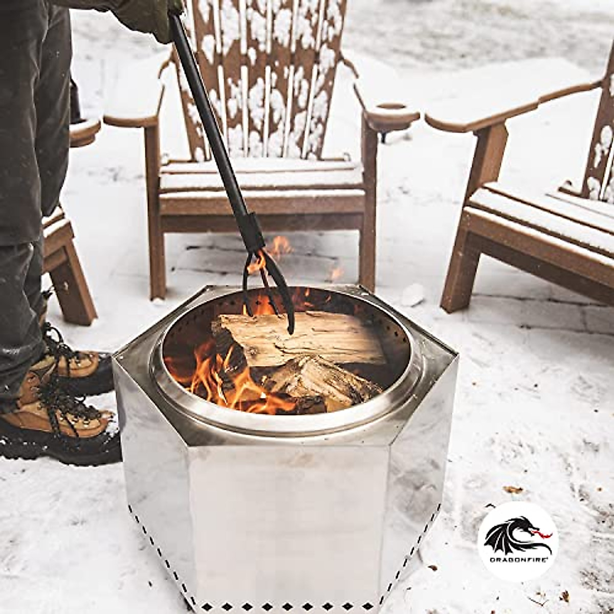 Dragonfire Log Grabber - 40" Long Fire Pit Tong with Durable Steel Shaft, Ergonomic Leatherette Handle, Triple Prong Design, and Heat-Resistant Black Coating