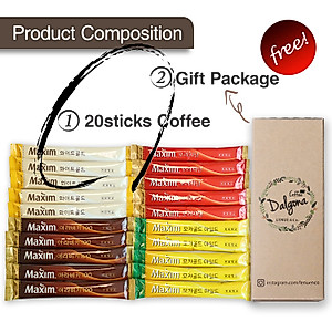 Korean 3 in 1 Instant Coffee Variety Sample Packets with Gift Box Set, Camping Essentials, Maxim Instant Coffee Mix Combination 20 Sticks