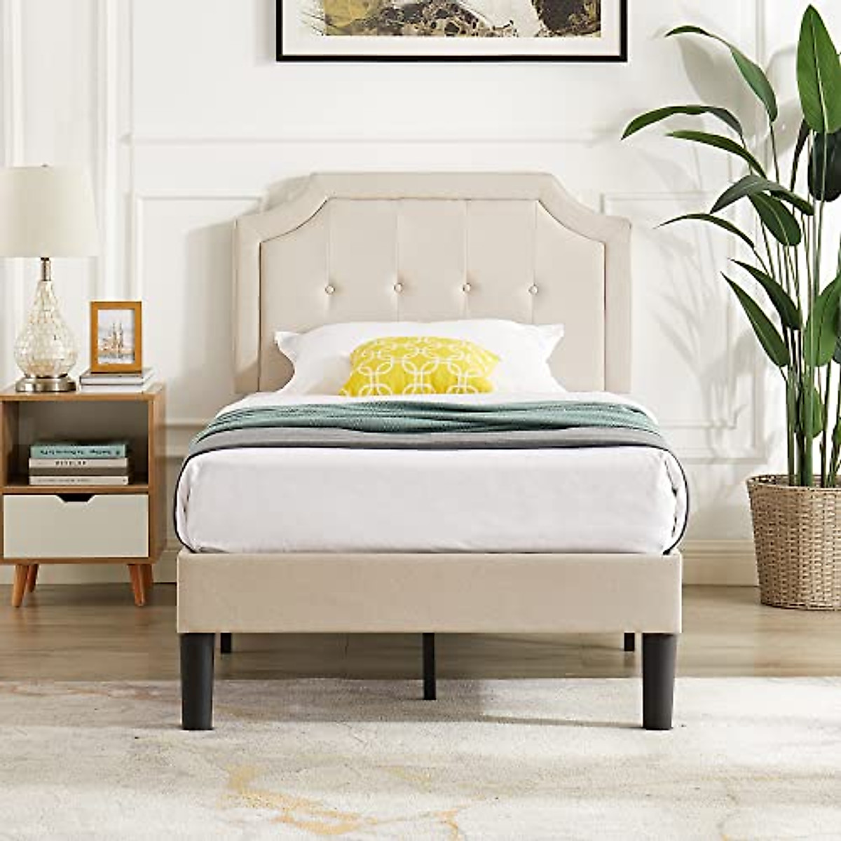 VECELO Premium Upholstered Platform Bed Diamond Stitched Panel Headboard, Metal Frame & 12 Strong Wood Slat Support, Mattress Foundation/Easy Assembly,Twin,Beige