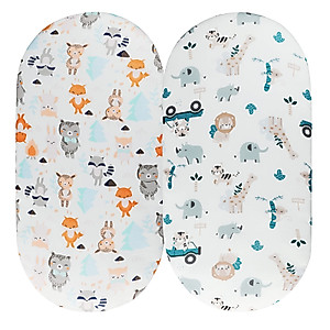 Tontukatu Bassinet Sheet Set 2 Pack Snug Fitted Cradle Fitted Sheets, Stretchy Ultra Soft, for Oval Rectangle Hourglass Bassinet Mattress, Unisex Boy Girl, Tiger Elephant & Fox