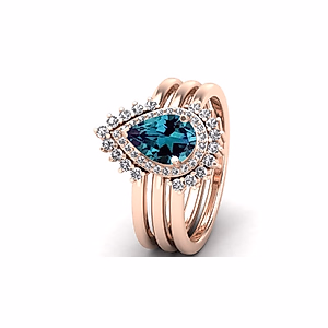 14k Rose Gold Plated 925 Sterling Silver Pear Cut Created London Blue Topaz, bridal rings engagement ring wedding band,Promise Pear Solitaire Ring For Her (5)