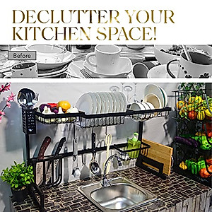 Vlish Over The Sink 2 Tier Dish Drying Rack - Expandable Length 35-42in | Space-Saving, Rust-Resistant, Non-Slip Foot Rubber | Stainless Steel Kitchen Counter Drainer Organization Storage Shelf