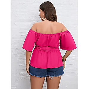 SCOMCHIC Women's Plus Size Off The Shoulder Peplum Blouse Top Half Bell Sleeve Tie Waist Ruffle Hem Babydoll Tops Rose Red