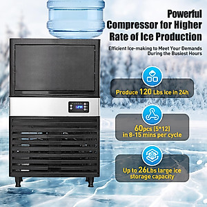 Commercial Ice Maker Machine 120Lbs/24H with 26Lbs Storage Capacity, 60Pcs/Cycle Ice Cubes, Stainless Steel Under Counter Freestanding Ice Machine, 2 Water Inlet Modes