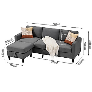 Homnso Modular Couch 3 Seat L Shaped Sofa,Convertible Sectional Sofa Couch with Reversible Chaise for Living Room Apartment,74inch,Dark Grey (L-Shape 3 Seater-Dark Grey)