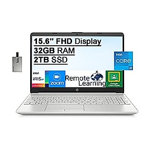 2021 HP 15.6" FHD Laptop Computer, 11th Gen Intel Core i5-1135G7(Beats i7-1065g7), 32GB DDR4 RAM, 2TB PCIe SSD, Intel Iris Xe Graphics, HD Webcam, Stereo Speakers, Windows 10, Silver, 32GB USB Card