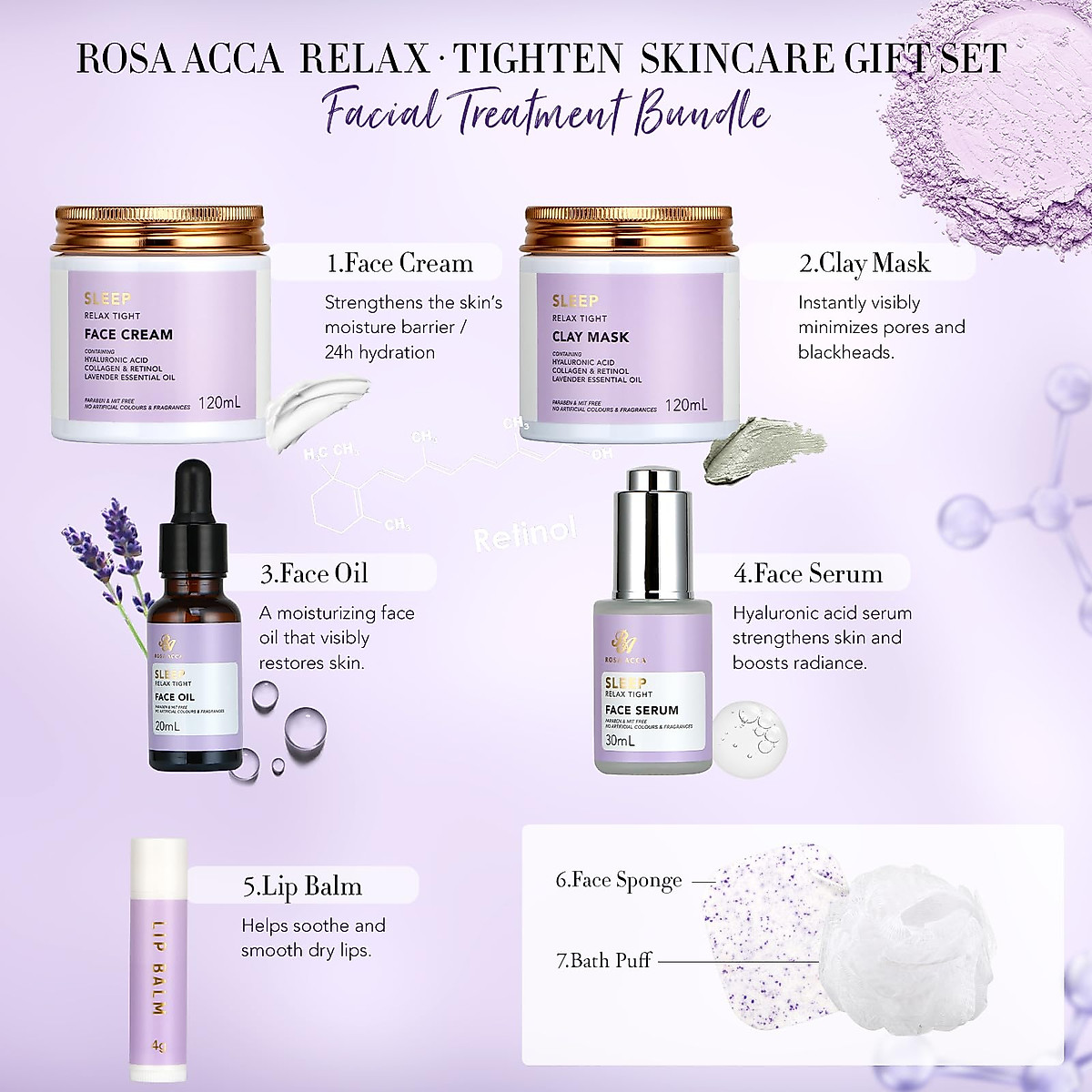 Facial Skin Care Set & Spa Kit - Mothers Day Gift Ideas, Self-care Relaxation Gifts, Skin Care Collection with Essential Oils, Hyaluronic Acid, Vitamin E. (Lavender)