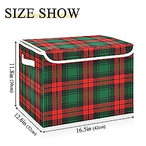 Ollabaky Christmas Plaid Larger Collapsible Storage Bin Fabric Decorative Storage Box Cube Organizer Container Baskets with Lid Handles for Closet Organization, Shelves