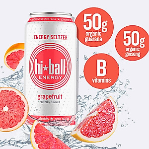 Hiball Energy Seltzer Water, Caffeinated Sparkling Water Made with Vitamin B12 and Vitamin B6, Sugar Free (4 pack of 12 Fl Oz), Grapefruit