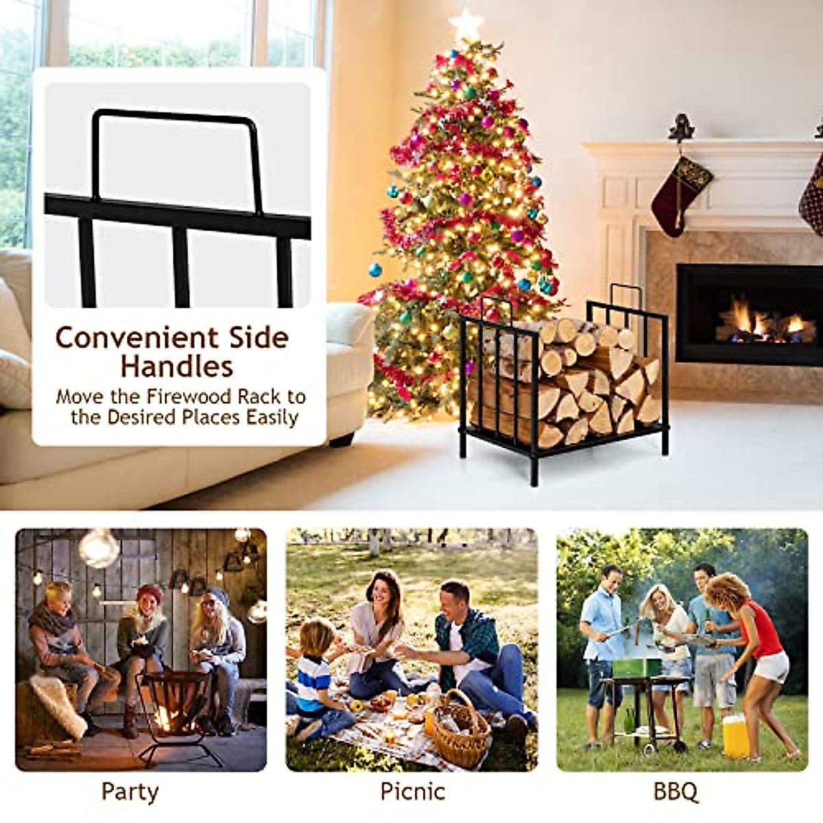 Tangkula Firewood Rack, Heavy Duty Logs Stand Stacker with Convenient Side Handles, Sturdy Steel Frame & Raised Legs, Metal Log Holder Stand for Indoor Fireplace, Outdoor Patio Fire Pit Stove, Black