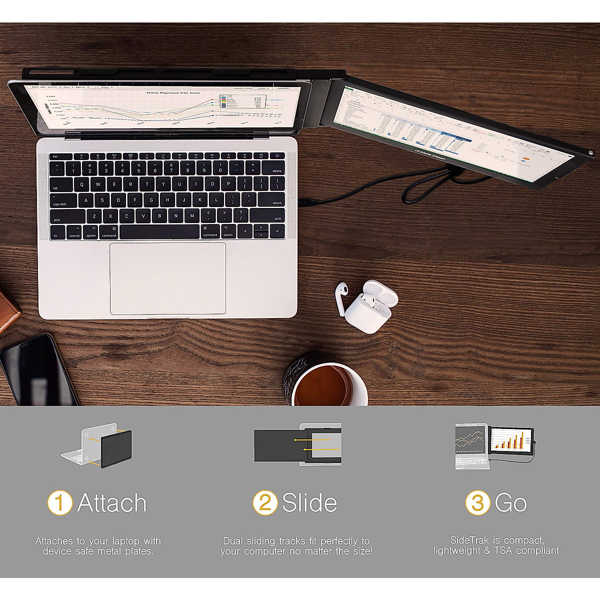 SideTrak Slide Portable Monitor 12.5" Screen with Carrying Case - Attaches to Your Laptop for Easy Travel - Efficient USB Power - Fits Mac and PC 13"-17" Laptops - Full HD IPS Display (Patent Pending)