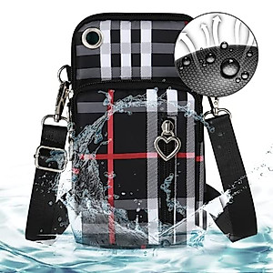 Small Crossbody Wallet Phone Bag, Nylon Cell Phone Purse, Travel Crossbody Bag Cell Phone Shoulder Bag Arm Bag Mini Wallet Purse, with Headphone Port (Black Plaid)
