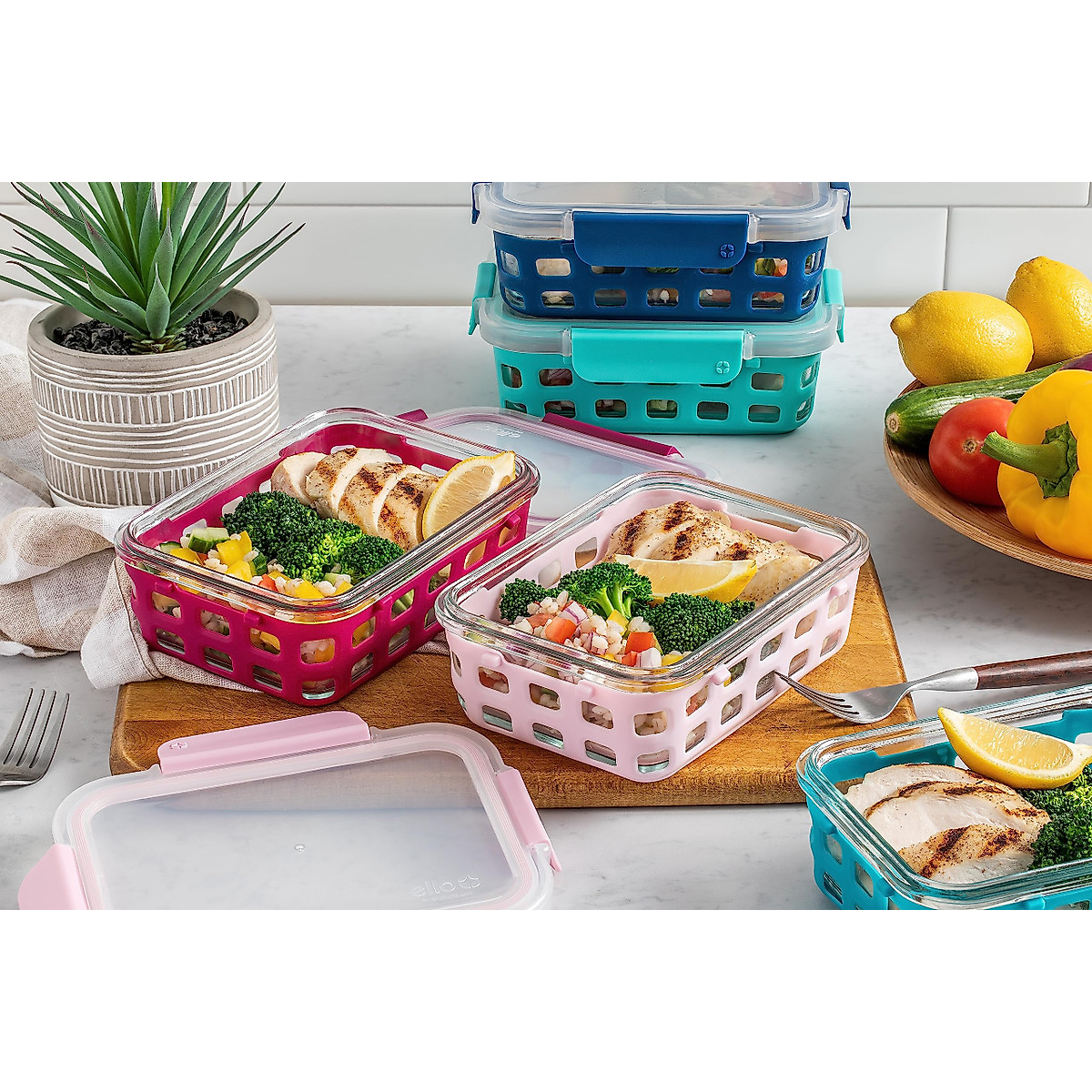 Ello DuraGlass Glass Food Storage Meal Prep Containers with Silicone Sleeve and Airtight Lids, 6 Piece 3 Pack, Mixed Berry