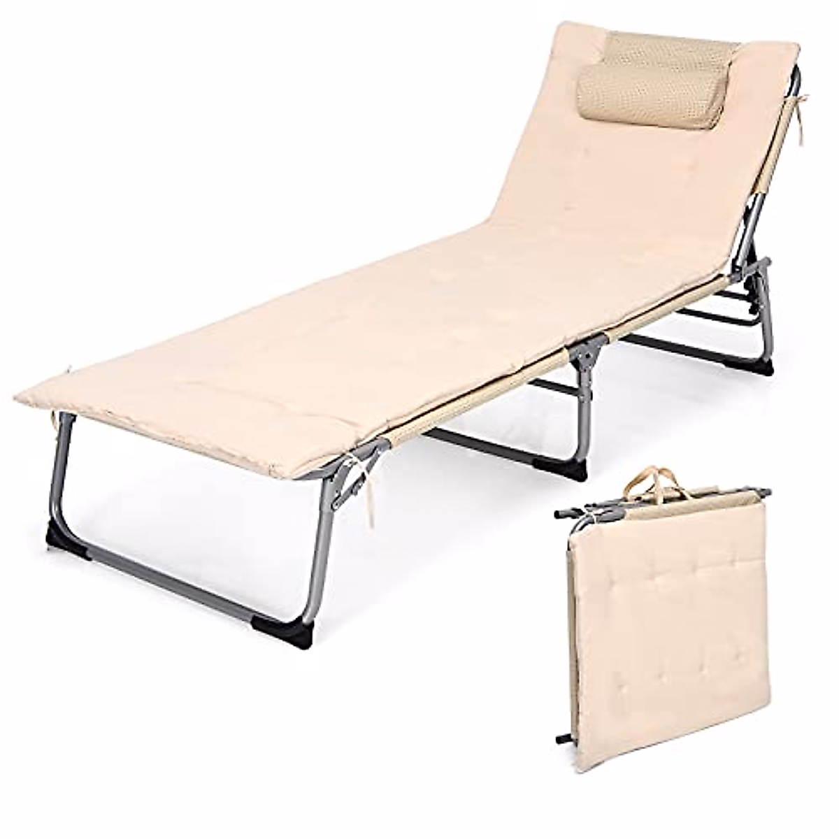 Tangkula 4-Position Folding Chaise Lounge Chair, Tri-Fold Portable Chaise Lounge Chair with Mattress, Pillow, Side Pocket, 330 LBS Reclining Lounge Chair for Beach, Home, Pool, Camping (1, Beige)