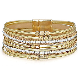 Wovanoo Leather Wrap Bracelets for Women Multi-layer Handmade Wristband Braided Rope Cuff Bangle Gift for Birthday, Monther's Day, Valentine's Day Crystal Gold