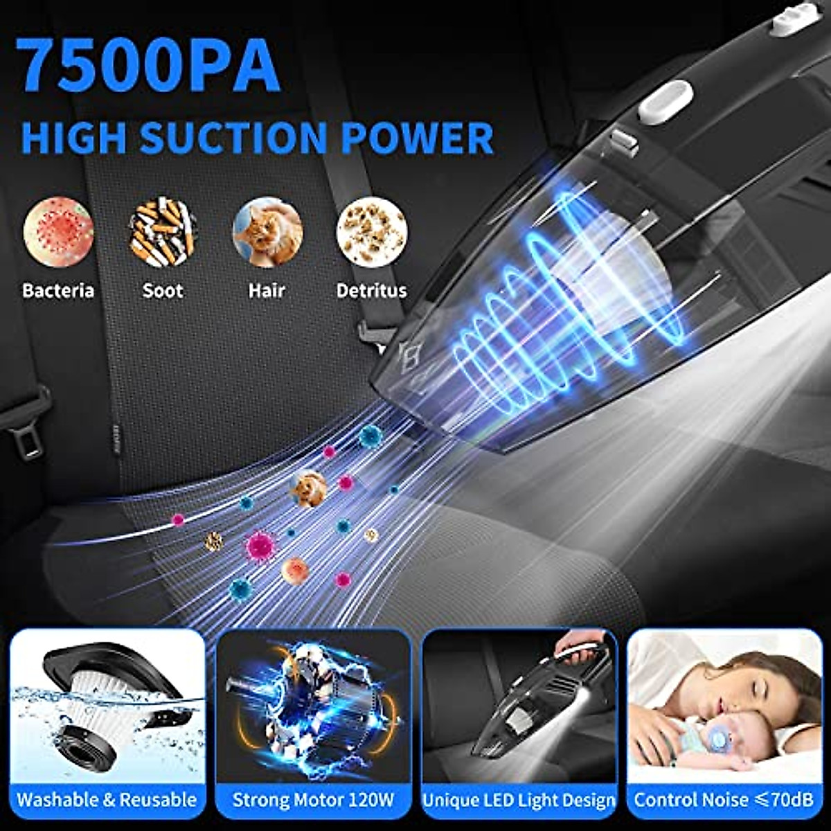 ACTY 17Pcs Car Interior Detailing Kit, Cleaning Kit with High Power Handheld Vacuum, Brush Set, Windshield Tool, Gel, Microfiber Towels, Complete Care, Blue