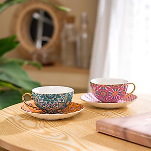 Taimei Teatime Porcelain Tea Cups and Saucers Set of 2, 6 oz Bohemia Style Coffee Cup with Saucer with Gold Trim in Gift Box, Coffee Mug for Latte, Cappuccino and Tea, Gift for Women