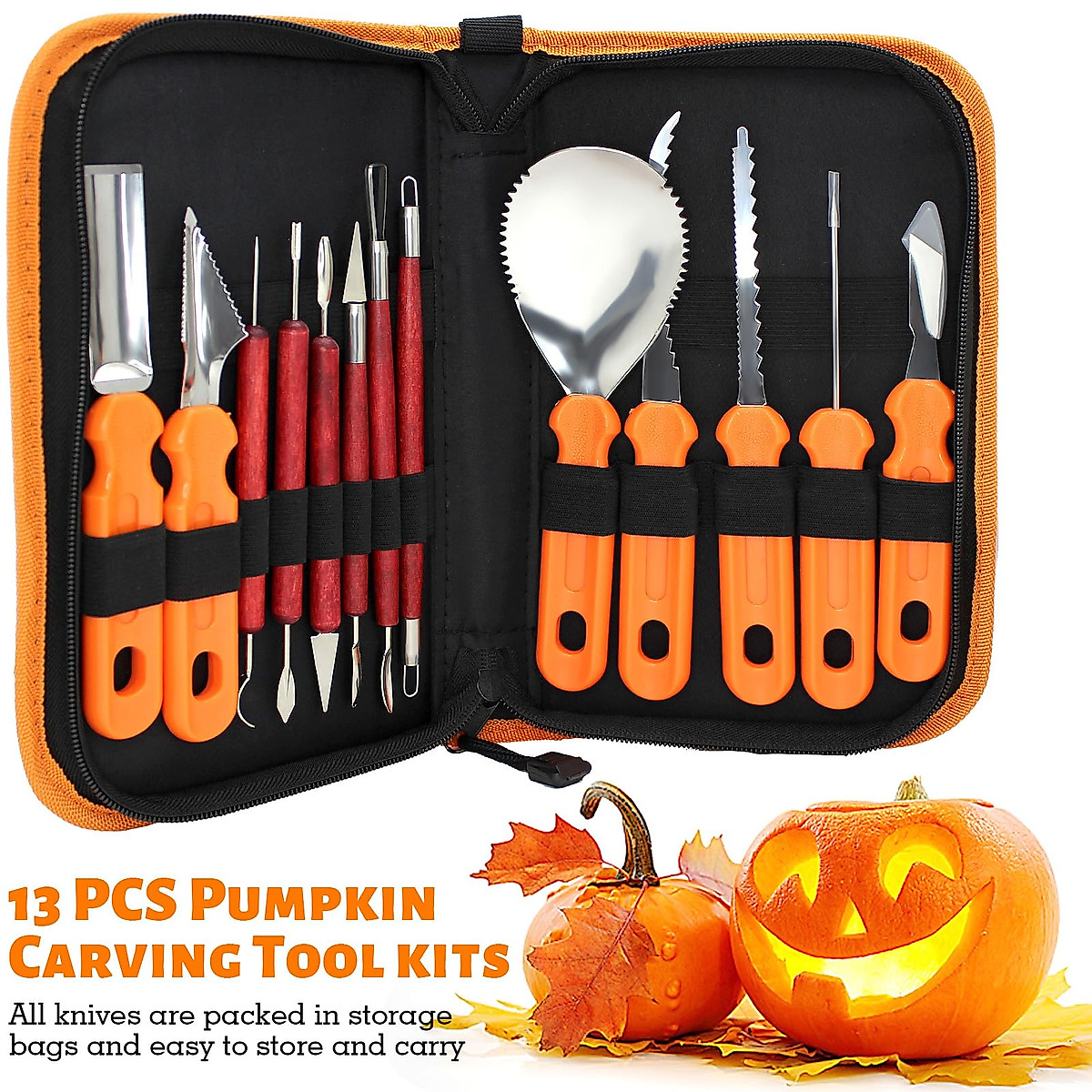 13 PCS Pumpkin Carving Tools Halloween Pumpkin Carving Kit, Pumpkin Professional Detail Sculpting Tools, Heavy Duty Stainless Steel Pumpkin Cutting Knife with Carrying Case for Halloween Party