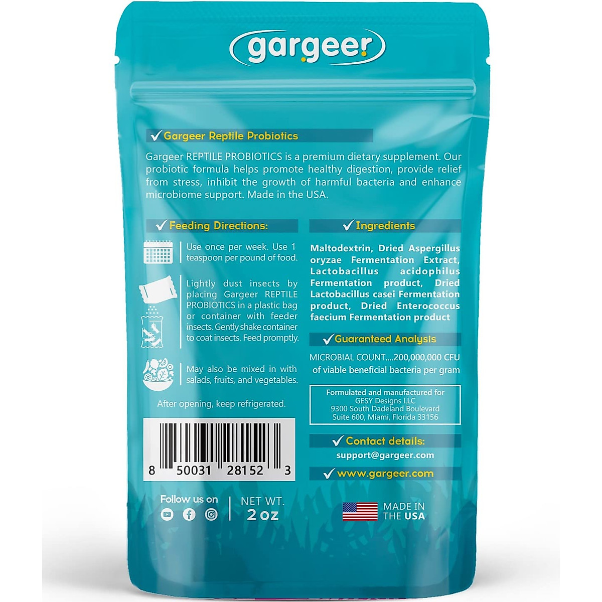 Gargeer Reptile Probiotics. Improve Appetite, Digestion and Boost Immune System. Supplement 10-12 Pounds of Food with Our 2 Oz Bag. Enjoy!