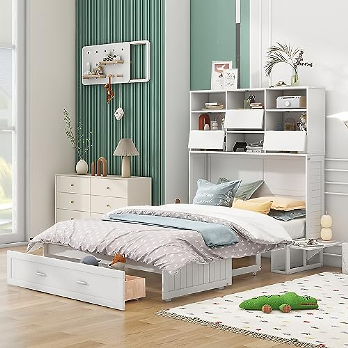 Queen Size Murphy Bed with Bookcase, Bedside Shelves and a Big Drawer, Multi-Functional Murphy Bed for Kids, Teens Bedroom, Space Saving Design & Easy Assembly (White-)
