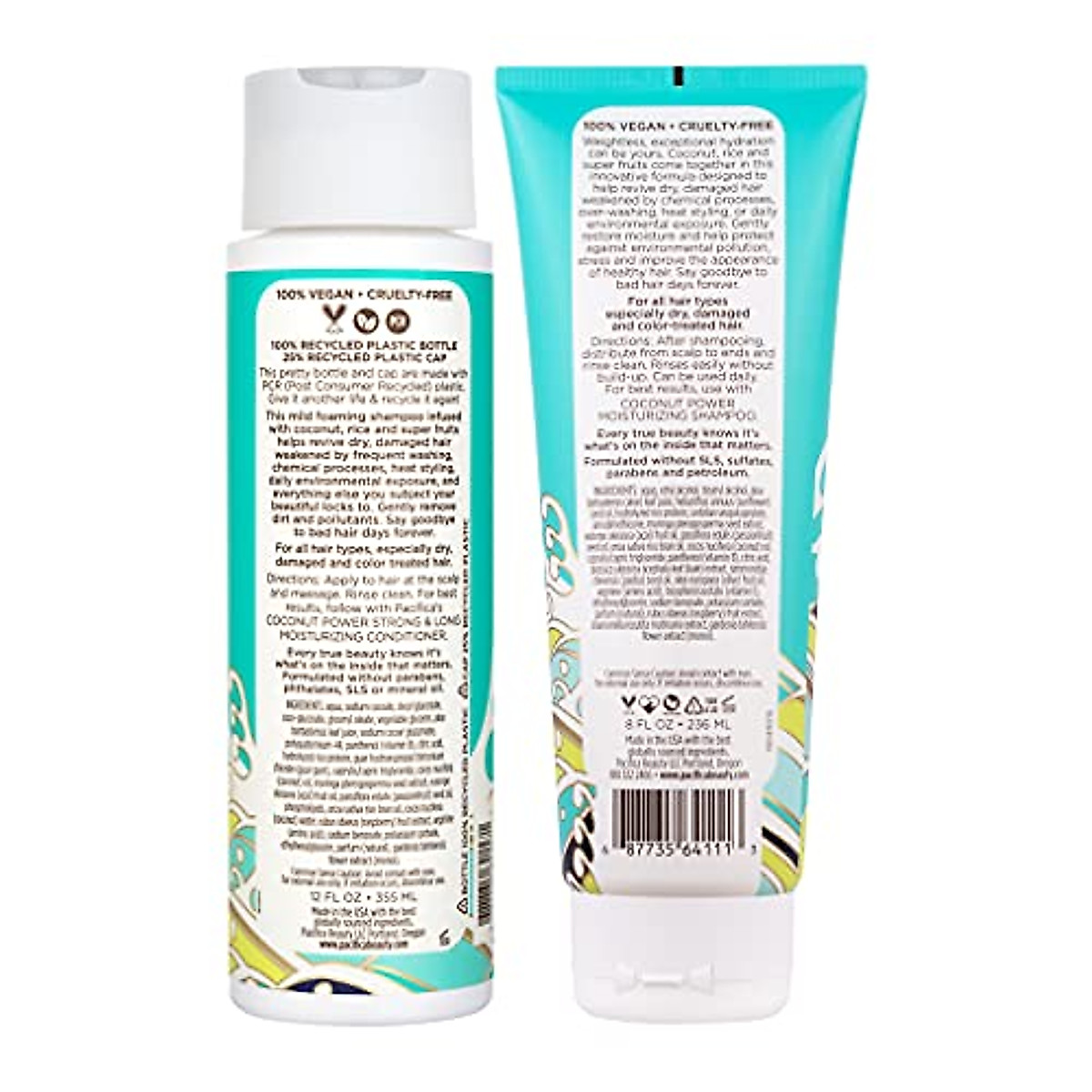 Pacifica Beauty Coconut Power Strong & Long Moisturizing Shampoo for Dry + Damaged Hair, 100% Vegan & Cruelty Free, Sulfate + Paraben Free, White, 2 Count