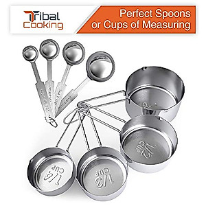 Tribal Cooking Metal Measuring Cups and Spoons Set - 8 Pieces - Professional Stainless Steel - Measuring Spoons Set - Measure Dry or Liquid Ingredients - Measuring Cups Sets for Baking and Cooking
