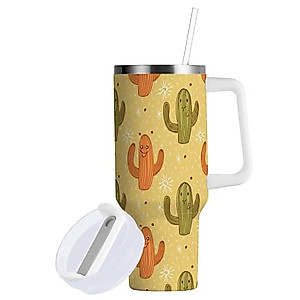 ODAWA Large Travel Insulated Tumblers with Handle and Straw, Mexican Cactus Double Wall Insulated Tumbler