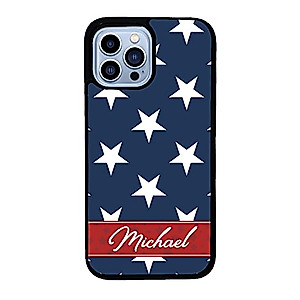 Red White and Blue Stars Personalized Apple iPhone Black Rubber Phone Case Compatible with iPhone 14 Pro Max, Pro, Max, iPhone 13 Pro Max Mini, 12 Pro Max Mini, 11 Pro Max X XS Max XR 8 7 Plus