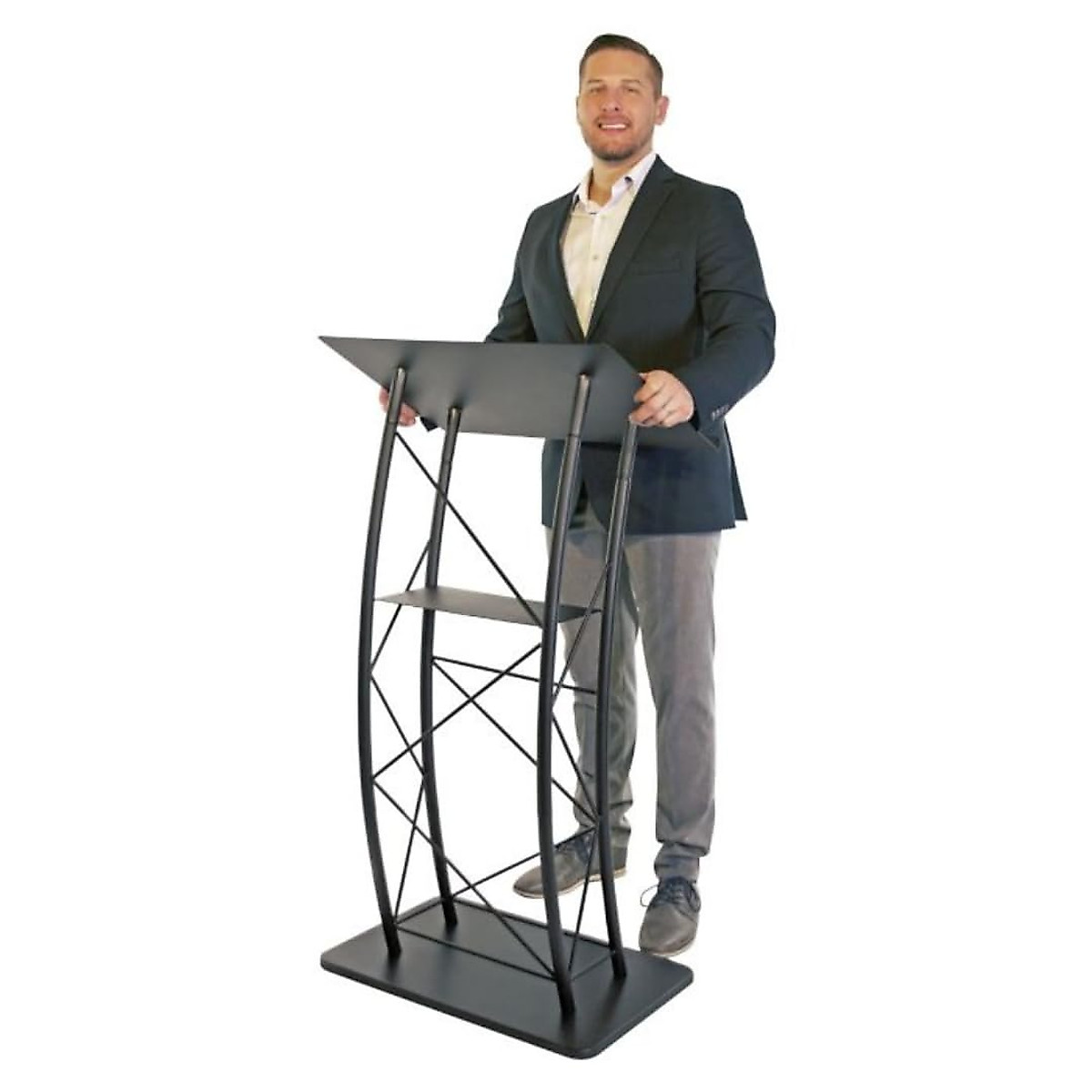 Kingdom KMLSTL Large Curved Metal Lectern with Durable Powder Coat Finish and a Built in Shelf - Black