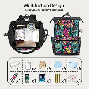QsirBC Sugar Skulls Halloween Diaper Bag Backpack Mommy Bags with Pocket Stroller Straps Waterproof Daypack for Mom Dad Casual Travel