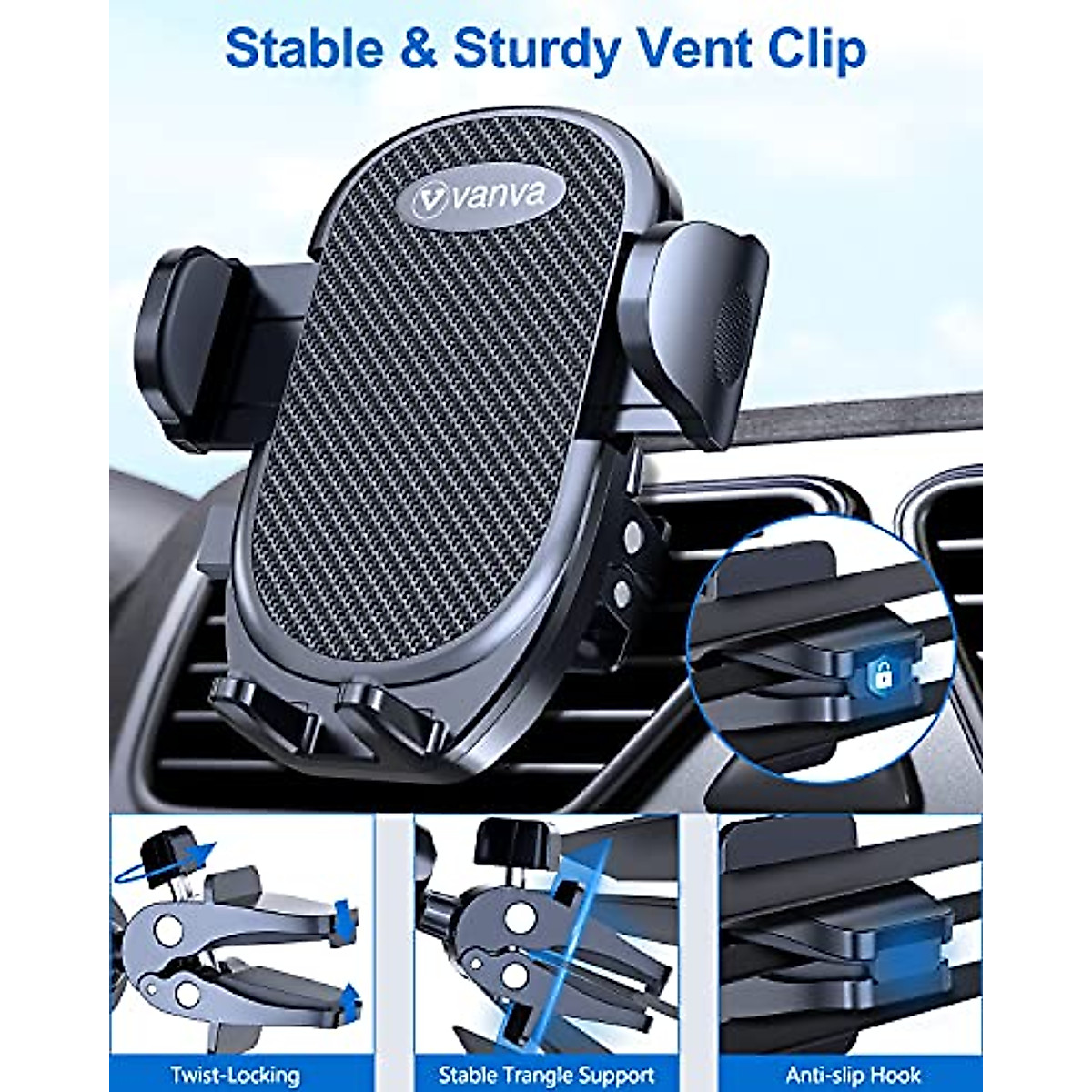vanva [ Military-Grade Protection Universal Air Vent Car Mount, [ Big Phones & Thick Case Friendly ] Cell Phone Holder for Car Hands Free Clamp Cradle Vehicle fit for All Apple (B1)