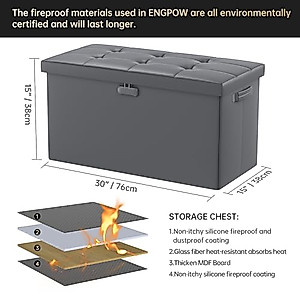 ENGPOW Storage Ottoman Bench,Fireproof Folding Storage Bench with Lock,30 Inches Fire＆Water Resistant Storage Chest Foot Rest Stool Leather Bedroom Bench with Storage Safe for Document,Valuables,Grey