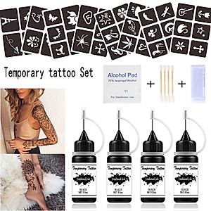Freehand Ink Temporary Tattoo Kit Jagua Gel Semi Permanent Tattoo Inks 4 Bottles Black 2oz Temp Tattoos for Women Men Kids Body Art Painting DIY Tattoos Fake Freckles kits