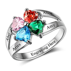 Personalized Mothers Ring with 4 Simulated Birthstones Engraved Names Family Rings Mom Jewelry for Women (10)