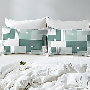 jejeloiu Geometric Sheet Set Full Size Kids White Green Geometry Square Sheets with Deep Pocket Fitted Sheet for Boys Girls Teens Modern Striped Art Bed Sheets Set Luxury Bedding Set Room Decor