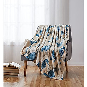 Decorative Ocean Life Coastal Throw Blanket: Soft Plush Velvet Fleece Calming Hues of Blues Beige Tan, Accent for Sofa Couch Chair Bed or Dorm (Ocean Life)