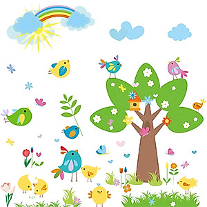 RW-1066 Cute Birds Animals Wall Decals Big Tree Wall Stickers Flowers Birds Animals Decals DIY Removable Birds Butterfly Wall Art Decor for Kids Baby Bedroom Living Room Nursery Classroom Decoration