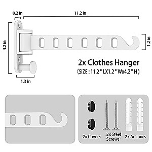 NUTSAAKK 2 Pack Folding Wall Mounted Clothes Hanger Rack with Swing Arm, Laundry Room Clothes Hanger Wall Mounted, Clothes Drying Rack with 6 Holes, 180°Rotation, Solid Aluminum (White)