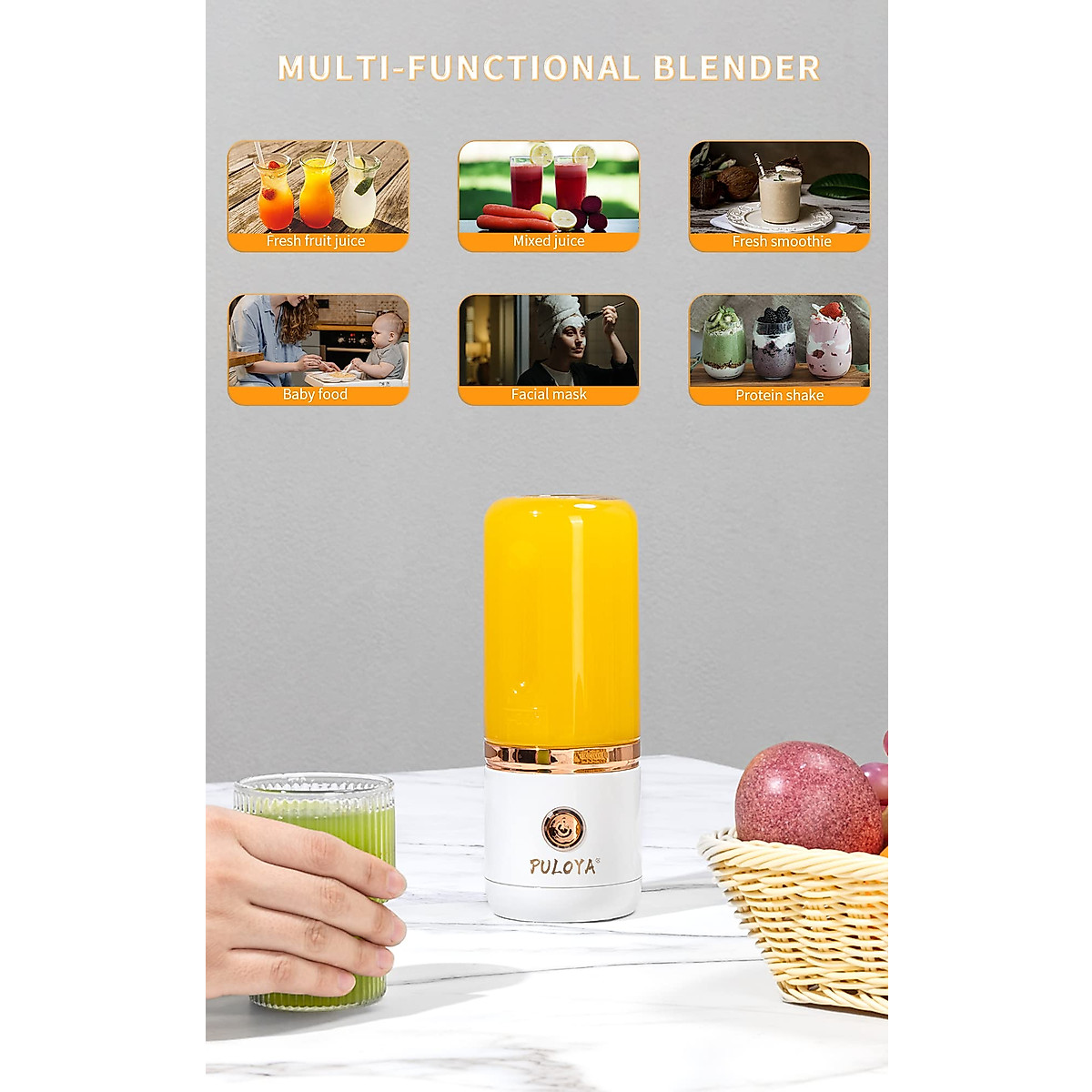 PULOYA Portable Blender, USB-C Rechargeable 14 Oz BPA Free Personal Juicer for Smoothies and Shakes with Travel Cup and Lid, Deep Blue