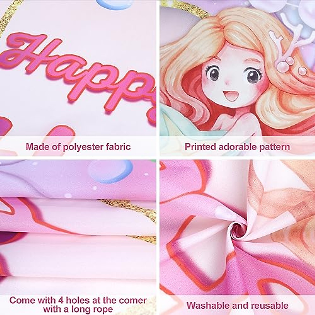 Mermaid Theme Happy Birthday Decorations Backdrop, Mermaid Birthday Backdrop Sign, Happy Birthday Banner, Photo Background for Girls, Birthday Party Supplies 70.8 x 43.3 inches