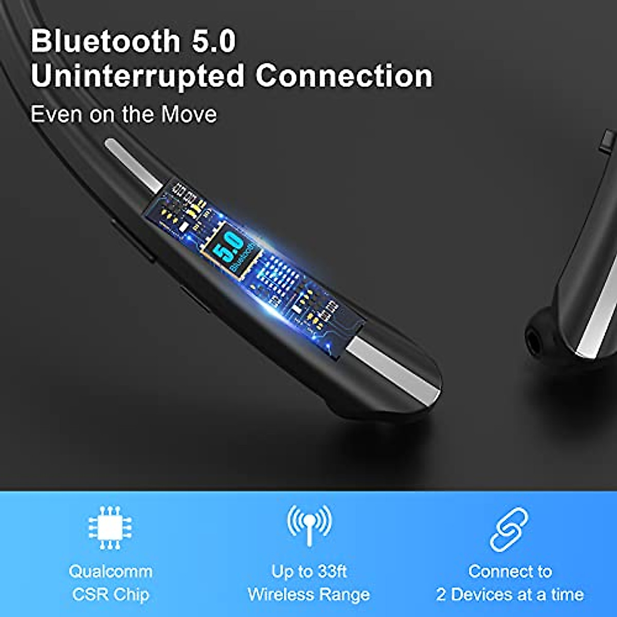 Fabenix Bluetooth Headphones, Bluetooth 5.0 Neckband Bluetooth Headphones, Sweat Resistant Noise Cancelling Stereo Headphones and Retractable Ear Tips for Music, Conference, Videos, Calls (Black)