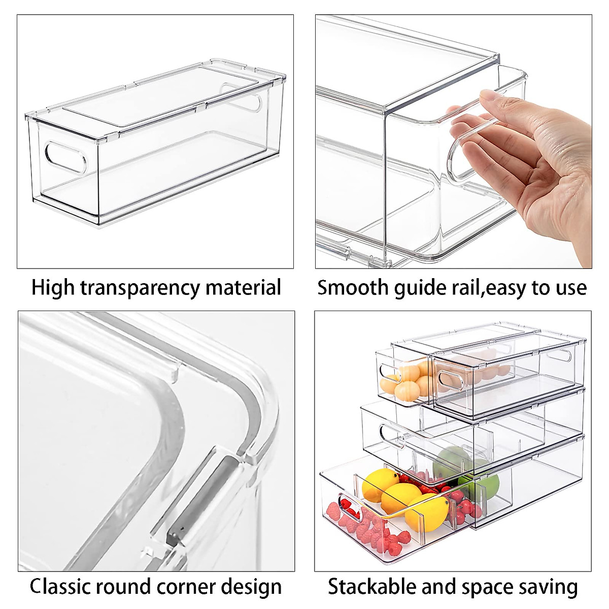 MineSign 9 Pack Stackable Fridge Organizer Drawer Pull-Out Bins with Handles Large Clear Food Container with Removable Dividers Refrigerator Storage box Divided Produce Saver for Pantry Kitchen