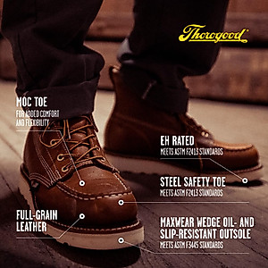 Thorogood American Heritage 6” Steel Toe Work Boots for Men - Full-Grain Leather with Moc Toe, Slip-Resistant Wedge Outsole, and Comfort Insole; EH Rated, Crazyhorse - 9.5-2E