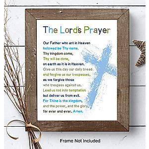 Lords Prayer Bible Verse Wall Art - Religious Scripture Boys Room Decor - Christian Gifts for Toddler or Baby Boys Bedroom, Son - Blessed Church Sunday School Kids Decorations - Cross Picture Poster