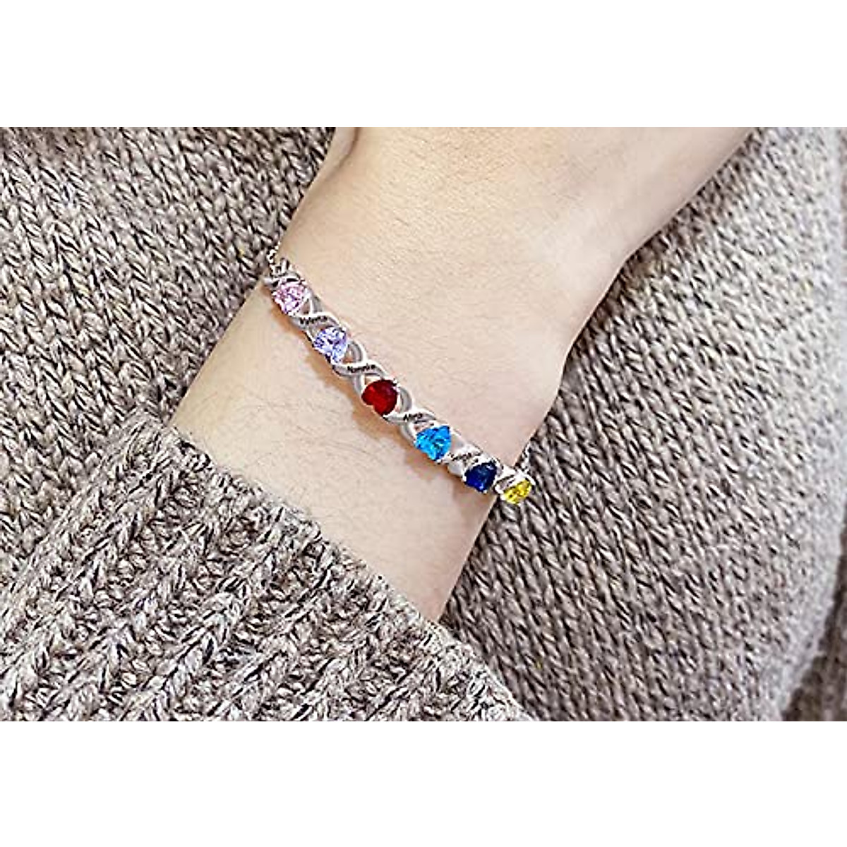 Personalized Heart Link Bracelet for Women Custom 2-7 Names Bracelets with Simulated Birthstones Adjustable Family Bracelets for Mother Daughter (3 names)