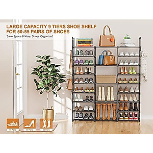 9 Tier Shoe Rack for Closet | Metal Shoe Shelf | Black Vertical Versatile Garage Entryway Tall Storage Organizer for 40-60 Pairs of Shoes and Boots | Large Capacity Sturdy Save Space Easy to Assemble
