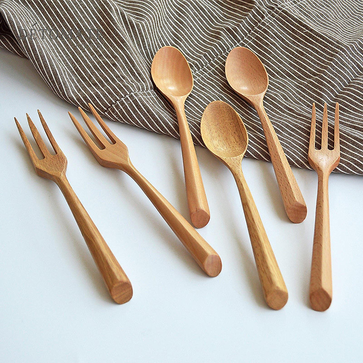 zoci Triangular Handle Wooden Spoon Fork Set Dessert Wooden Spoon Wooden Fork Portable Spoon Fork