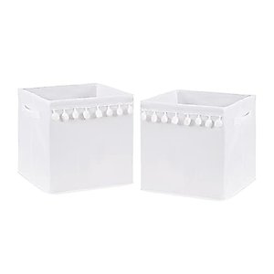 Sweet Jojo Designs White Foldable Fabric Storage Cube Bins Boxes Organizer Toys Kids Baby Childrens - Set of 2 - Gender Neutral Solid Color Bohemian Southwest Tribal Pom Pom for Llama Collection