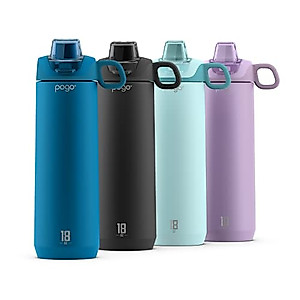 Pogo Active Vacuum Insulated Stainless Steel Water Bottle with Leak Proof Chug Lid and Silicone Carry Loop, Powdercoat, Poseidon, 18 oz