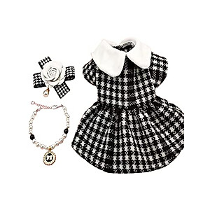 QWINEE 3pcs Dog Dress & Flower Bow & Necklace Set Geometric Princess Dress with Flower Bow Deco Puppy Skirt with Pearls Jewelry Necklace for Small Medium Cats Dogs Kitten Black and White XS